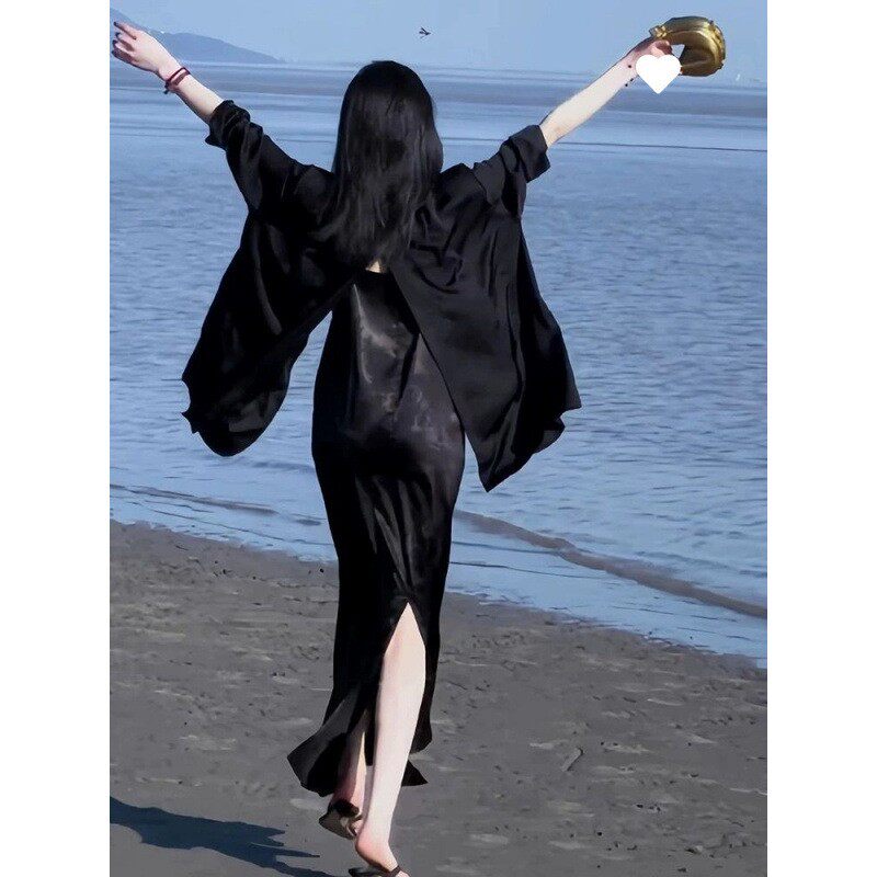 薄款醋酸西装吊带裙套装通勤显瘦松紧缎面七分袖西服衫外套200斤