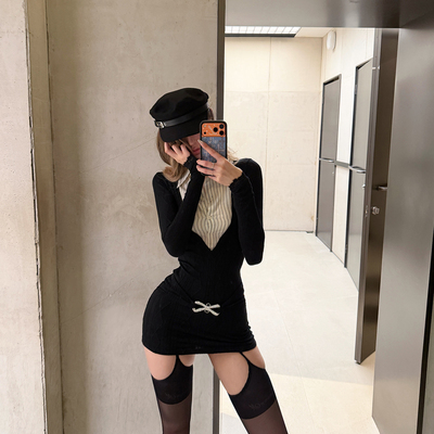 PrettyDragon假两件拼接修身显瘦条纹衬衫领纯棉针织连衣裙短裙女