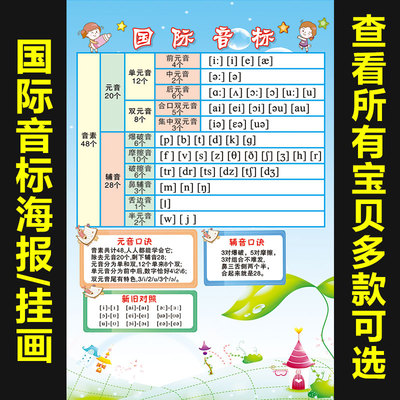 国际英语音标挂图海报小学生习26个48英文字母元音辅音宣传画墙贴