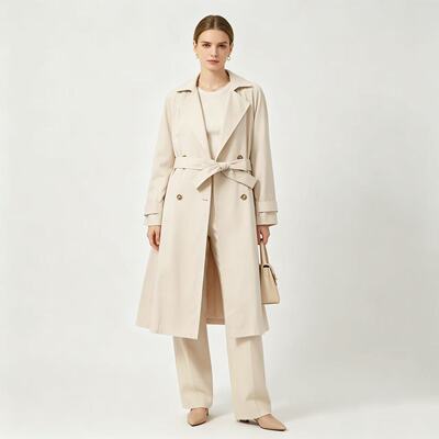 WW8569外贸欧美英伦风长款风衣女双排扣收腰系带气质过膝通勤外套