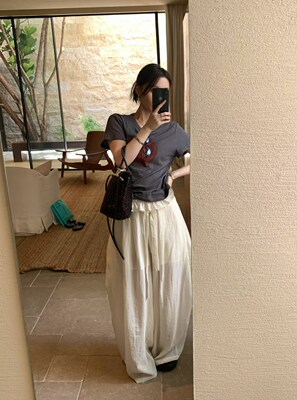 FOCUSE档口正品设计感花边小屁帘松紧腰抽绳春夏百搭阔腿休闲裤