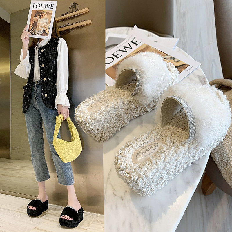 韩版毛毛拖鞋厚底一字拖2023秋季新款坡跟松糕外穿百搭懒人凉拖女_虎窝淘