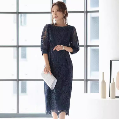 FA1-2日本原单新品高端气质修身中袖绑带甜美长款刺绣连衣裙