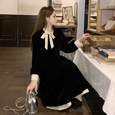高级连衣裙显瘦黑色洋气系带A字