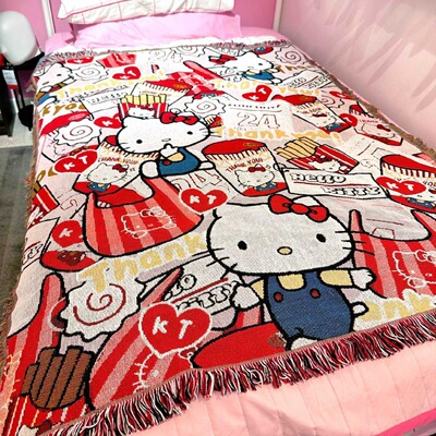 KT凯蒂猫棉线挂毯温暖治愈系手绘沙发盖巾毯子韩系沙发毯针织盖毯