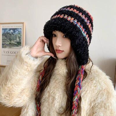 秋冬毛绒护耳帽子女韩版百搭显脸小辫子针织毛线帽骑车保暖套头帽