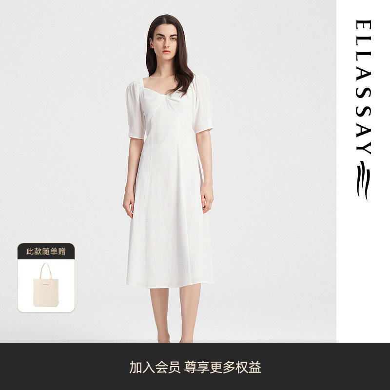 ELLASSAY歌力思2023夏季新款白色温柔少女法式茶歇连衣裙女B-Y020_虎窝淘