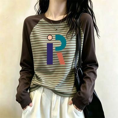 2026春秋咖啡色长袖T恤女士德绒磨毛撞色条纹设计感宽松大码上衣