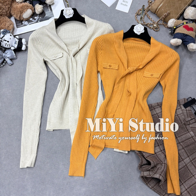 MiYiStudio实拍秋冬OOTD韩国东大门韩女穿搭设计感V领针织衫显瘦