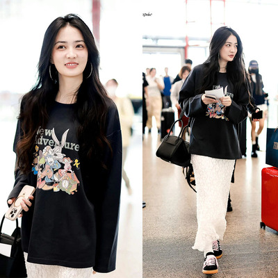 徐璐同款纯棉独特别致T恤兔子印花长袖卫衣秋冬休闲遮臀宽松上衣