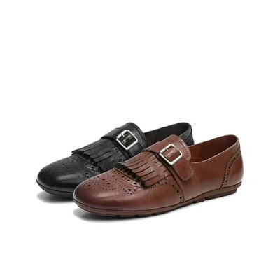 专柜正品百丽植鞣牛皮布洛克孟克乐福鞋女2026春款单鞋子F6K1DAM6