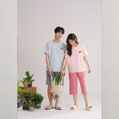 雅巧男22519女22520夏季情侣款短袖中裤条纹棉+莫代尔家居服套装