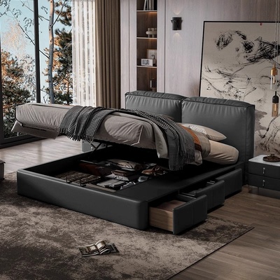 可定制豆腐块真皮悬浮储物皮艺床