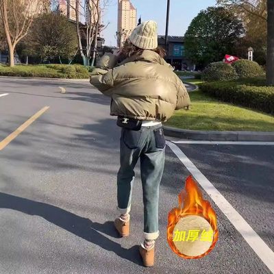 小个子撞色哈伦直筒牛仔裤女冬季新款加绒加厚宽松显瘦遮肉老爹裤