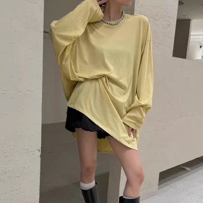 摩登宽松休闲长袖T恤女夏季爆款慵懒风圆领纯色防晒上衣71009