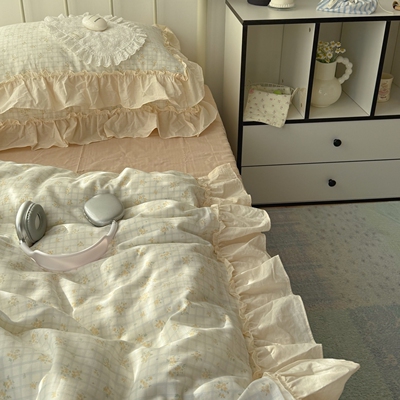 梨梦 山岛野桂 小碎花法式纯棉双层纱四件套全棉床单被套床上用品