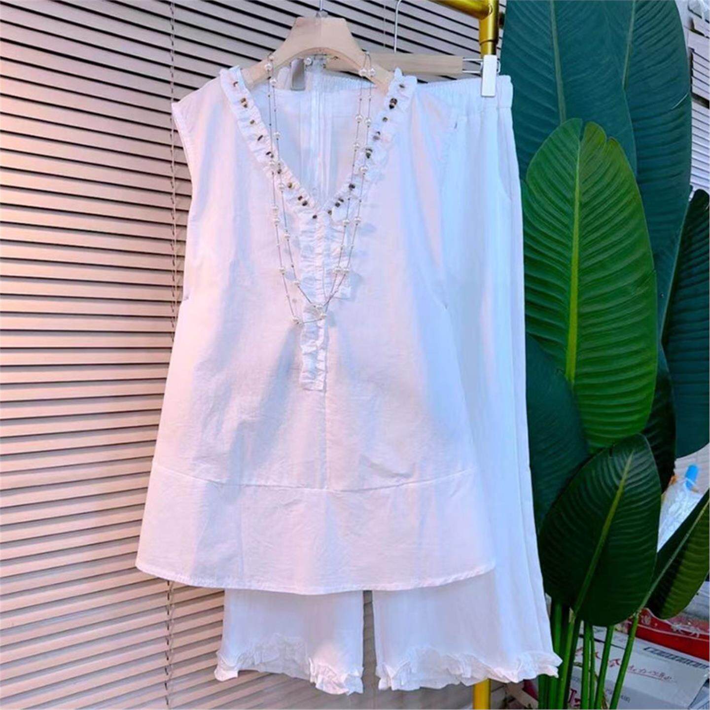 两件套领夏季边潮无袖V设计女套装大码女装新款上衣感荷叶阔腿裤