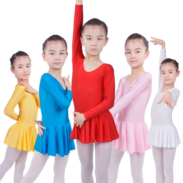 儿童舞蹈练功服氨纶黑白连体裙春夏秋冬长袖体操衣女民族舞演出服