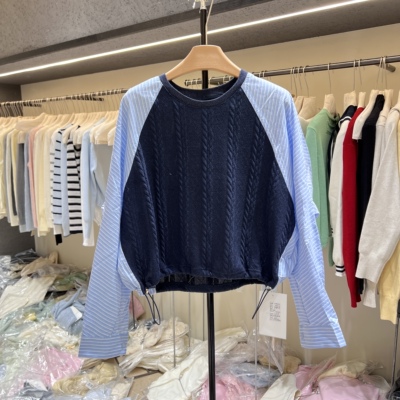 2026春新款条纹衬衫袖拼接假两件麻花针织衫圆领套头卫衣上衣7611