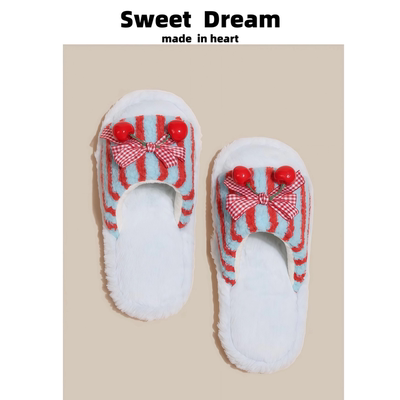撞色樱桃开口毛绒拖鞋