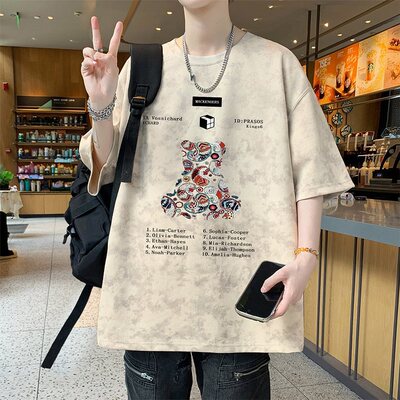 26266新款2026印花港风短T男潮牌潮流宽松百搭半截袖上衣休闲时尚