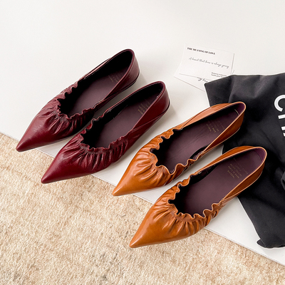 女人  头层牛皮浅口褶皱通勤单鞋