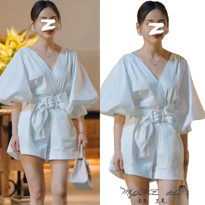 明星同款纯棉白色连体裤灯笼袖潮