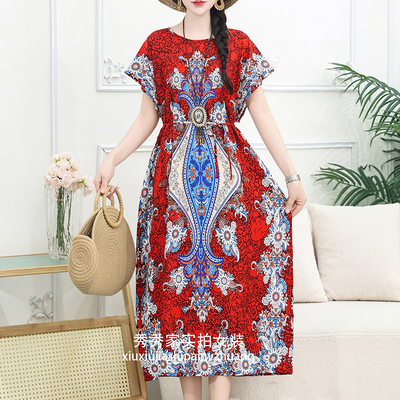 大码棉绸印花中长沙滩裙