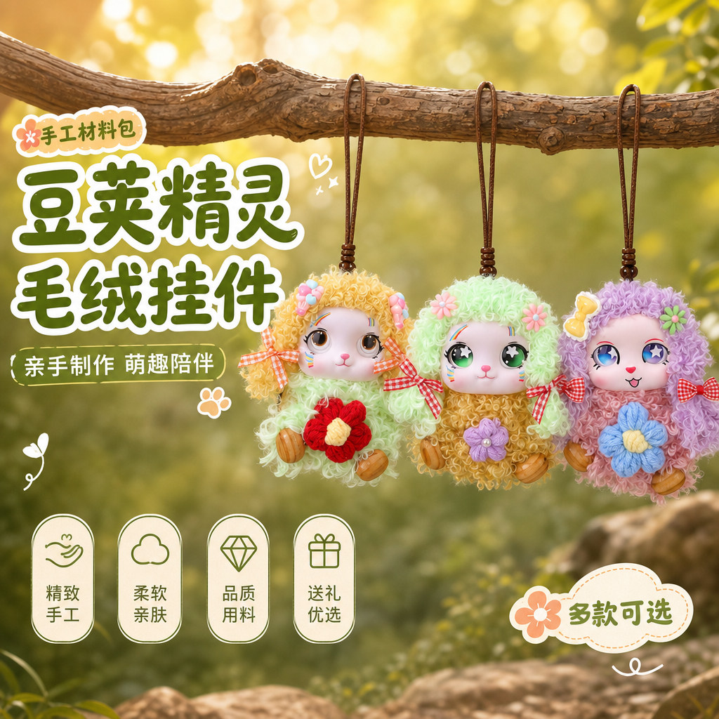 榼藤豆荚娃娃毛绒搪胶挂件 diy手工制作呆萌可爱背包车载百搭饰品