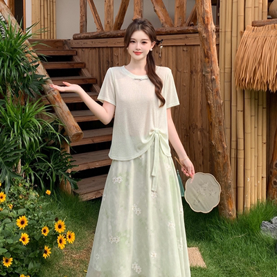 新款胖mm大码女新中式盘扣轻薄小衫碎花半身裙两件套24609+24711