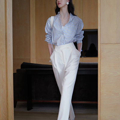 无有无印棉质抗皱蓝条纹通勤衬衫