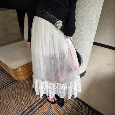 CZ ZHANG秋季韩版名媛纱网蕾丝拼接高腰小众a字公主半身裙B32653