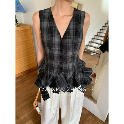 CZ ZHANG妮味outfit英伦风设计感收腰百褶翻边荷叶边无袖格子小衫