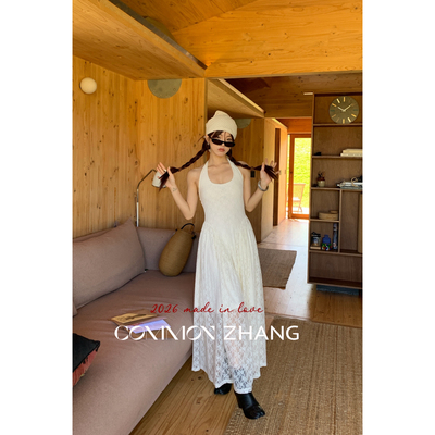CZ ZHANG-26年夏上新轻纱蔓舞法式蕾丝提花高级肌理感挂脖连衣裙