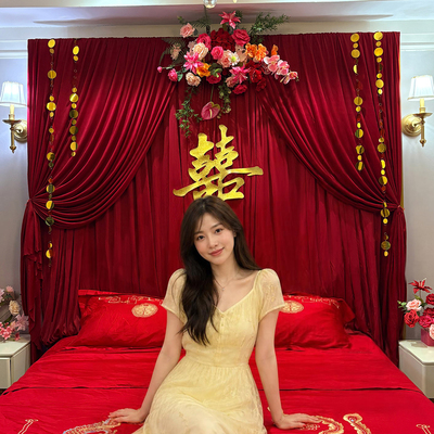 中式婚房喜字床头背景墙布幔