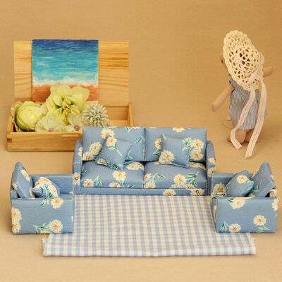 BJD娃屋家具12分蓝色绿色双人沙发迷你微缩模型ob11娃用场景道具