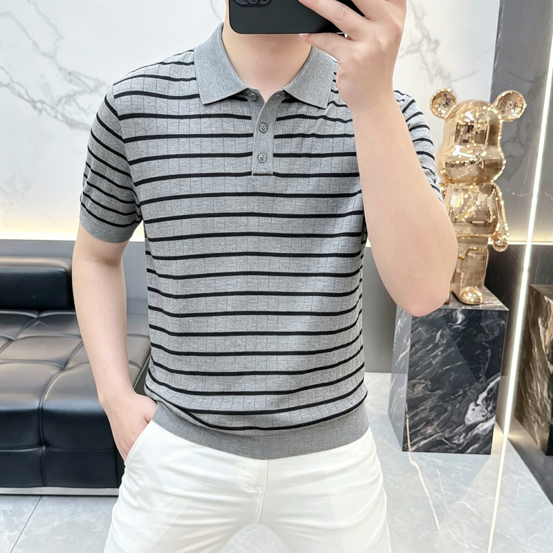 简约条纹短袖男士翻领POLO衫轻熟风商务针织衫夏季百搭上衣10805