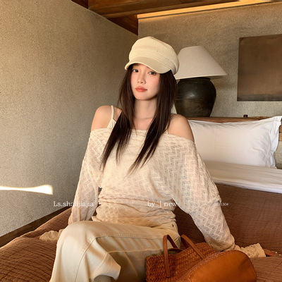 LS 优雅时尚纯色通勤斜肩小衫女广州十三行2026春新款上衣23130#