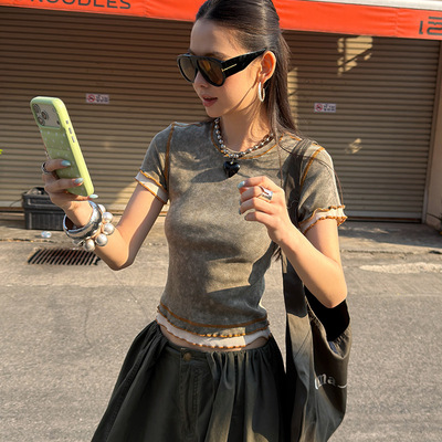 「 3.9 春夏新品 」MMFISH 做旧洗水炒色短袖木耳边短款T 26T109