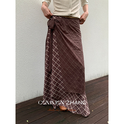 CZZHANG复古格子拼接网纱半身裙女秋季新品a字裙两件套C32173