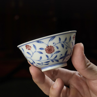 主人杯景德镇陶瓷茶杯主人杯个人茶杯功夫青花釉里红薄胎缠枝花卉