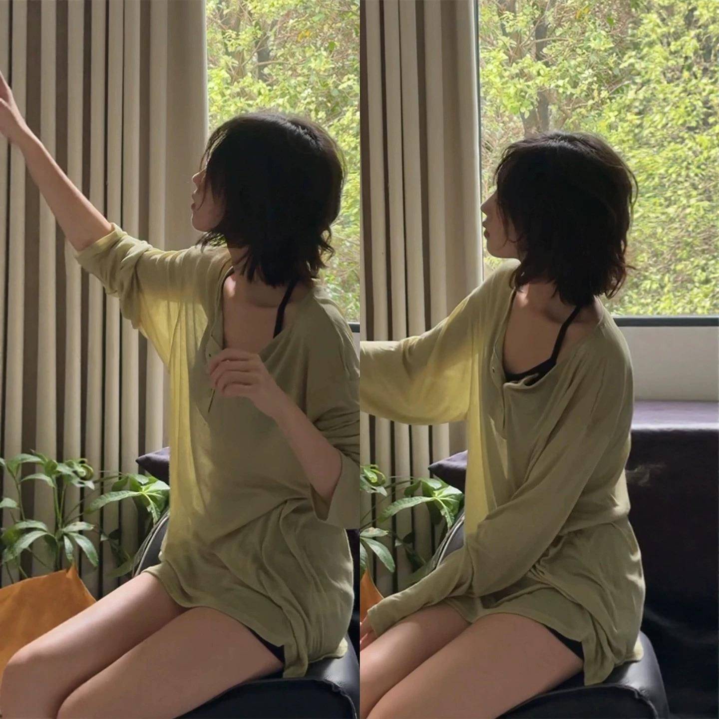 绿色防晒冰丝长袖T恤罩衫女夏季2026慵懒松弛感外搭宽松上衣薄款