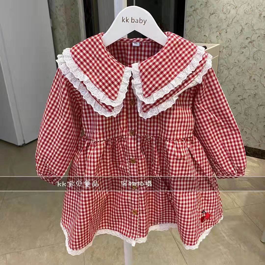 kkbaby韩国童装原单20年春新款女童纯棉红白格子翻领头箍连衣裙_虎窝淘
