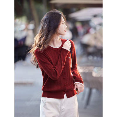 苏醒的乐园春秋酒红针织开衫