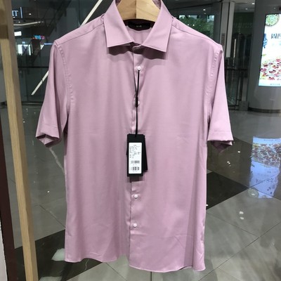 依文新款男士商务时尚抗皱含桑蚕丝粉红色半袖短袖正装衬衫1180元