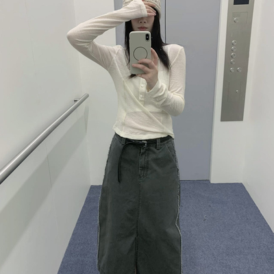 Hand made-水洗做旧工艺侧边毛边设计感纯色半身裙HANOVA-HA3032