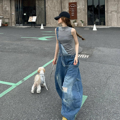 送退货宝高街风破洞牛仔背带裤女
