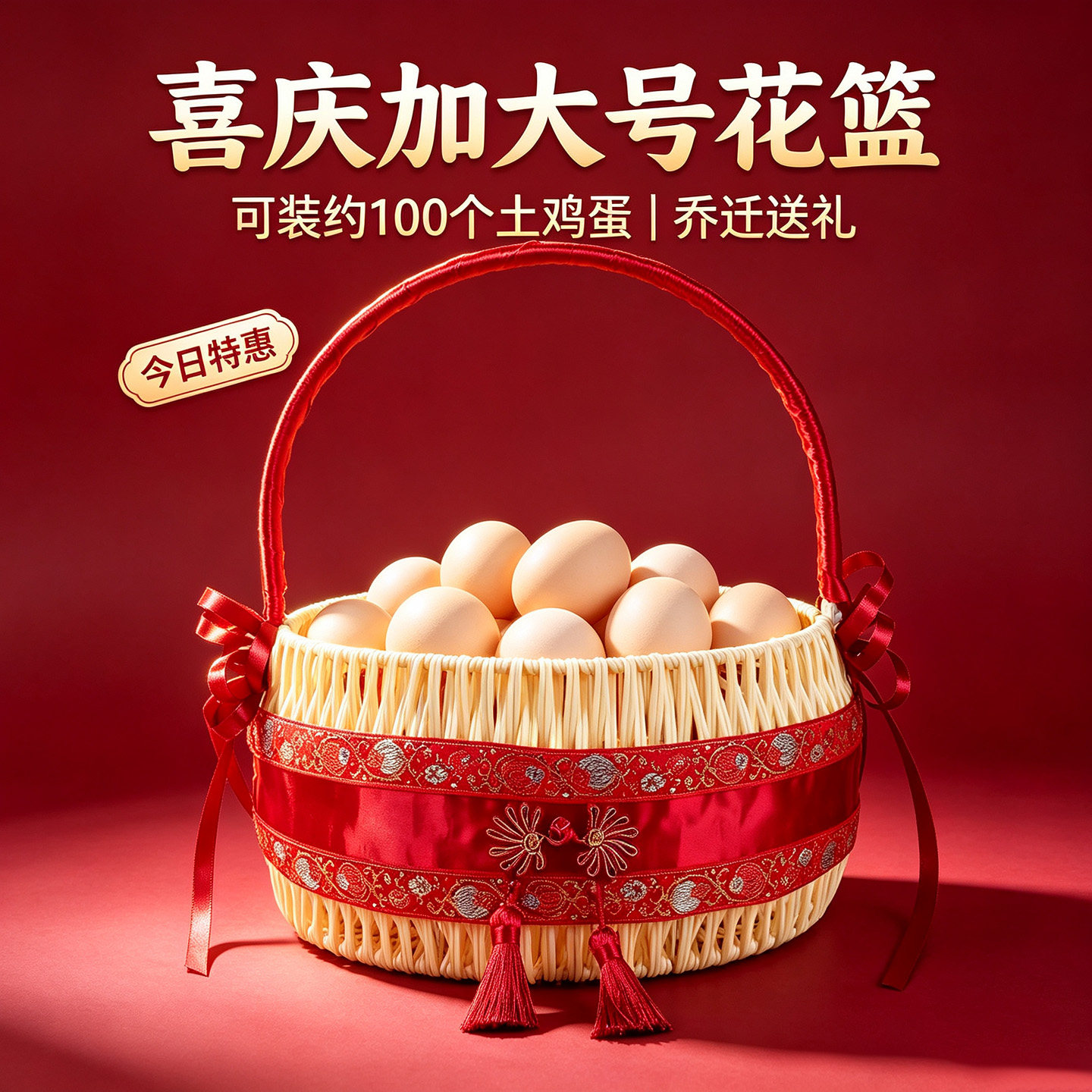 手工草编花篮结婚喜庆篮子红色蝴蝶结装饰婚嫁用品