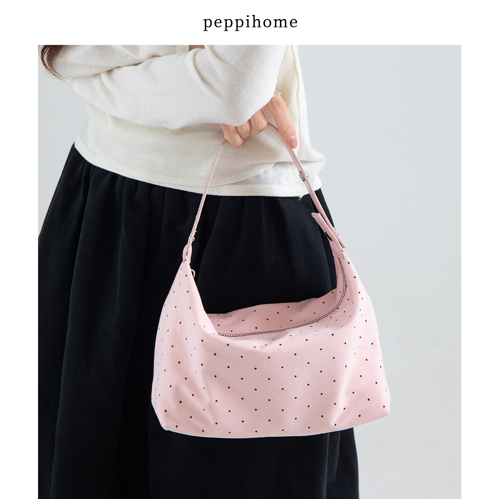 PEPPIHOME 韩系甜美可爱波点hobo腋下包休闲通勤松弛感手提单肩包