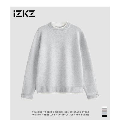 izkz绵羊毛高级假两件毛衣男秋冬2025男装秋季高级简约打底针织衫